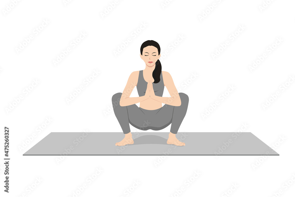 Poster Garland Pose, Wide Squat Pose, Sitting Down Pose Beautiful girl practice Malasana ...