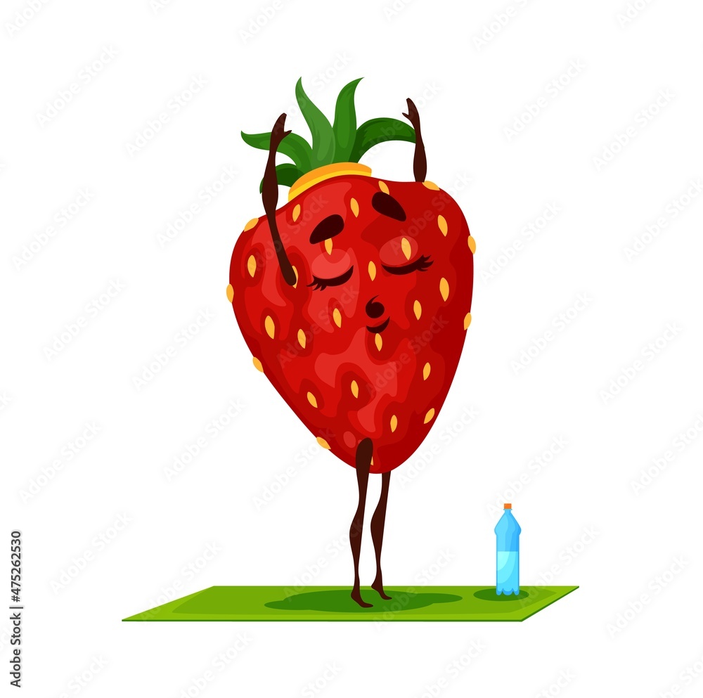 Cartoon strawberry fruit character in yoga exercise, vector berry ...