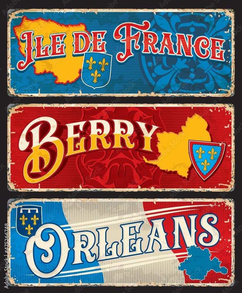 Ile de France, Berry, Orleans France region plates or stickers, vector ...