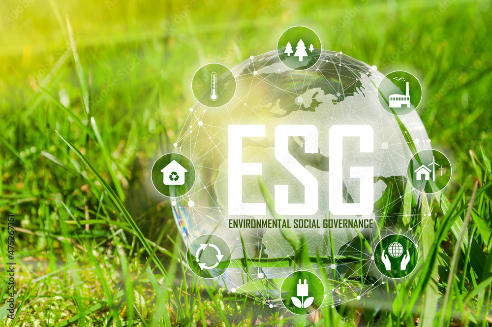 Globe made of glass with icons metaphor for ESG environment social ...