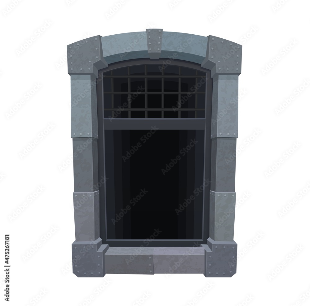 Cartoon medieval window of prison, jail cell or wall cage with metal ...