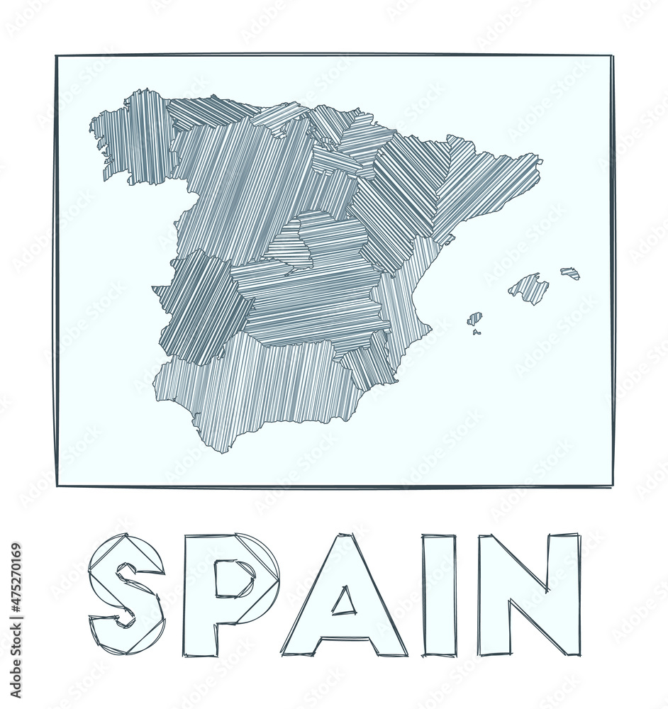 Sketch map of Spain. Grayscale hand drawn map of the country. Filled ...