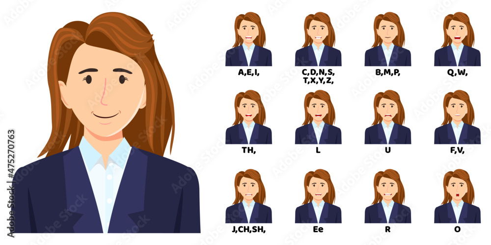Businesswoman cartoon character talking mouth and lips expressions ...