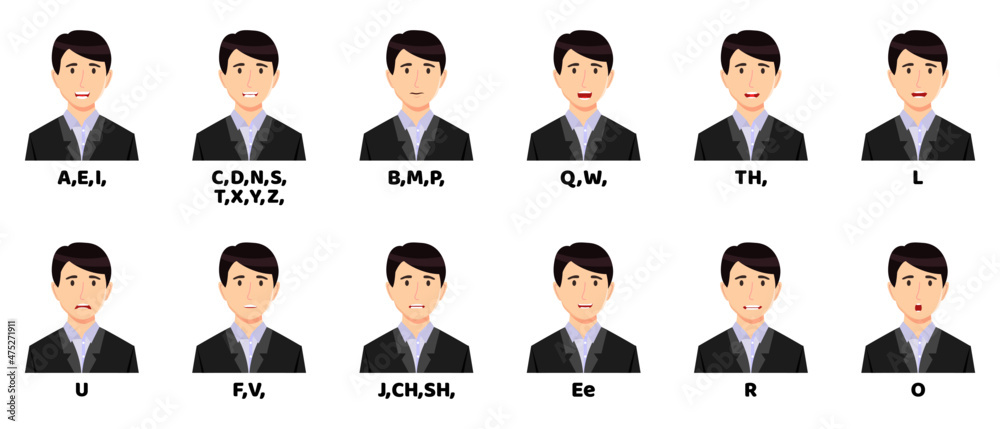 Modern businessman cartoon character talking mouth and lips expressions ...