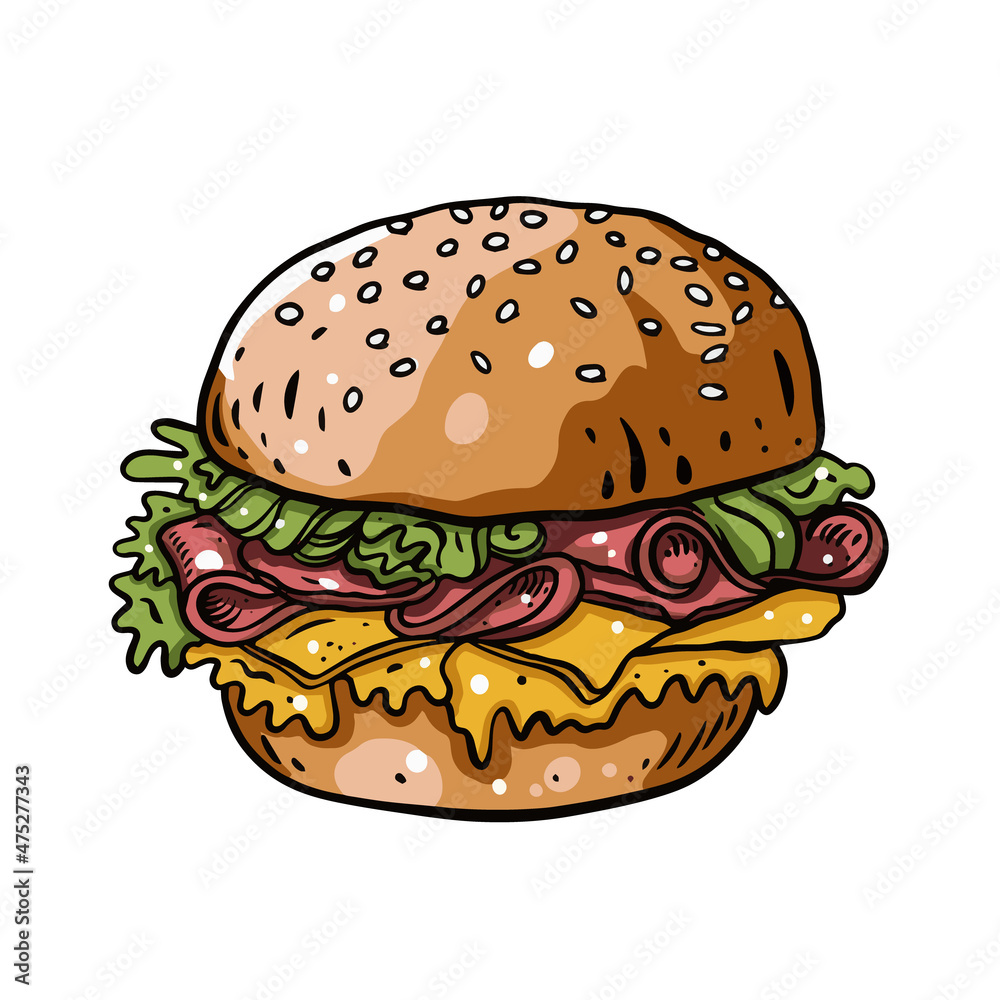 Big burger with bacon, cheese and shredded lettuce. Hand drawn colorful ...