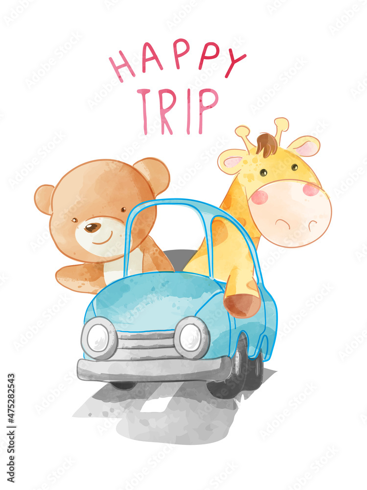 Cute cartoon friends in blue car illustration Stock Vector | Adobe Stock