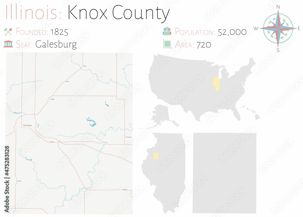 Large and detailed map of Knox county in Illinois, USA. Stock Vector ...
