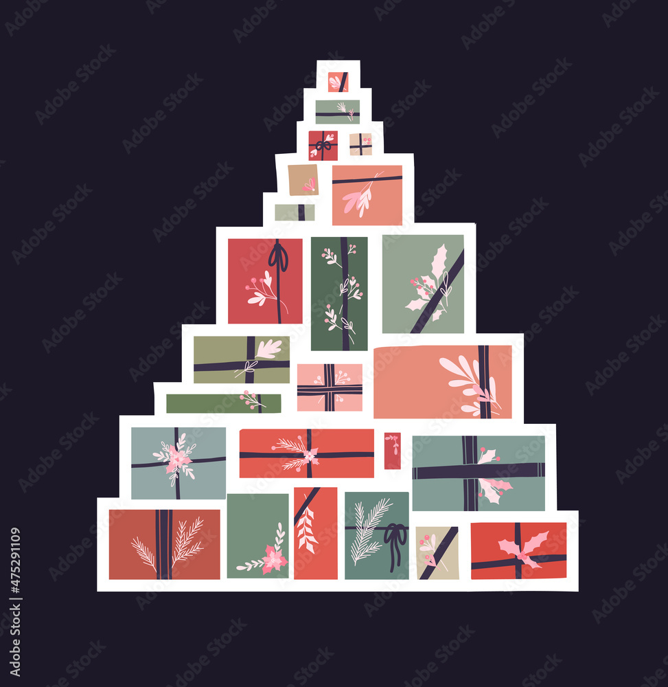 Vector holiday illustration of stack hygge parcels with ribbons and ...