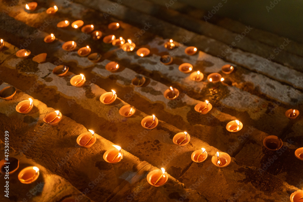 Dev Deepawali festival, Earthen lamps lit on the stairs leading to the ...