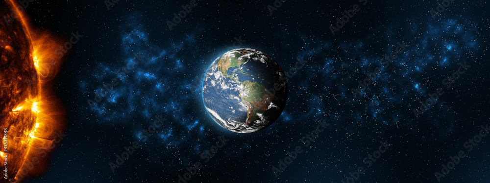 Sun star and planet earth in space front view. Cosmic background.Solar ...