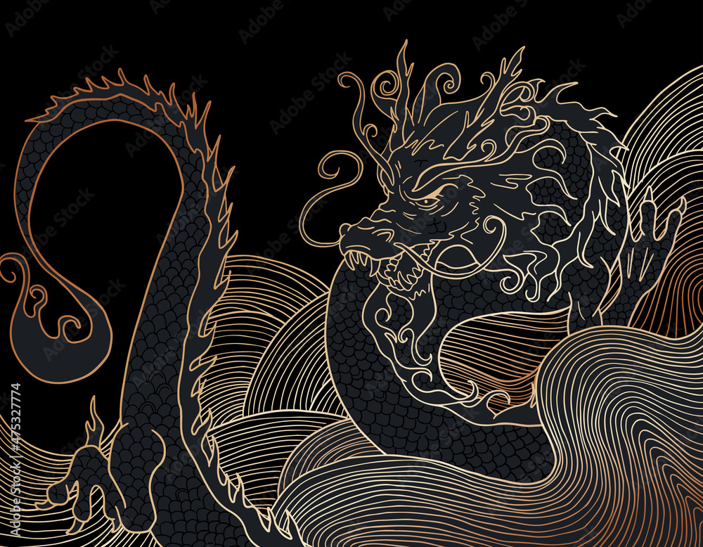 hand drawn japanese vector dragon on abstract waves in black and gold ...