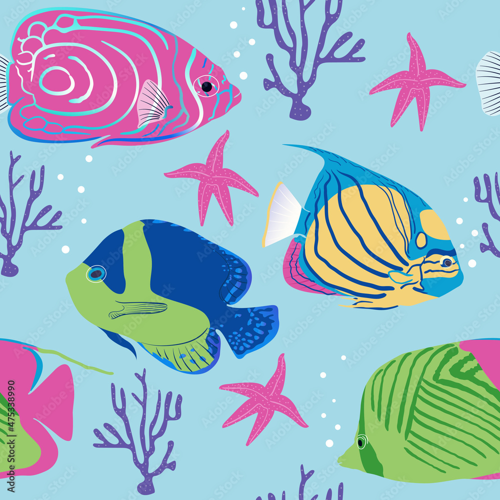 Seamless texture with exotic fish. Cartoon background of underwater ...