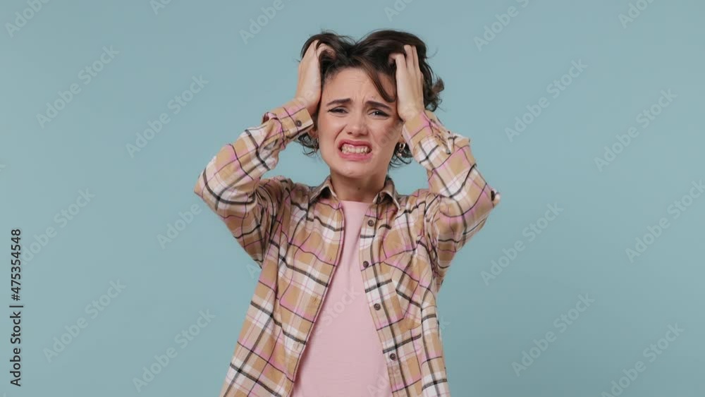 Sad upset worried disturb displeased young brunette woman 20s years old ...