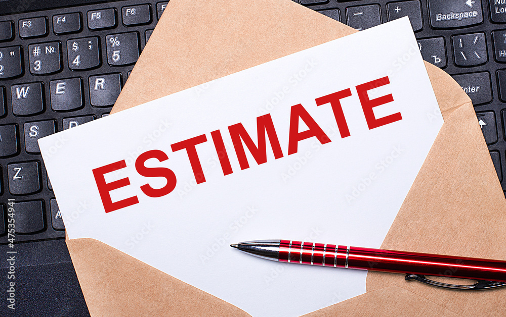 White card with the text ESTIMATE in a craft envelope on a work desk ...