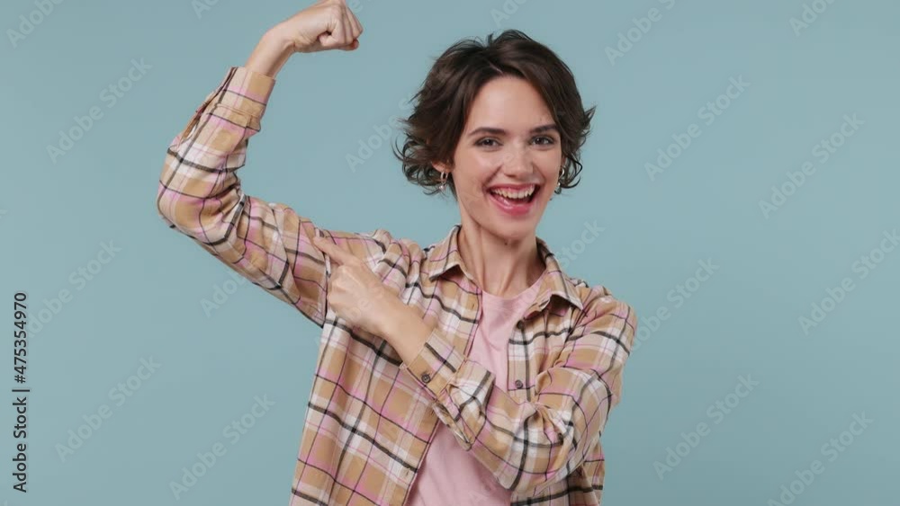 Strong sporty fitness young brunette woman 20s years old wears plaid ...