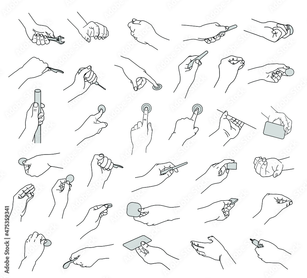 Vector minimalist line illustrations set of 33 left hands in various ...