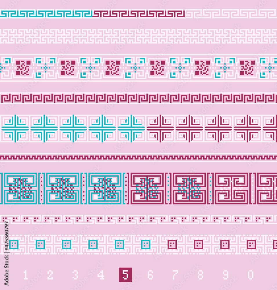Set of greek patterns with qr code icons, pixel perfect art, squares ...