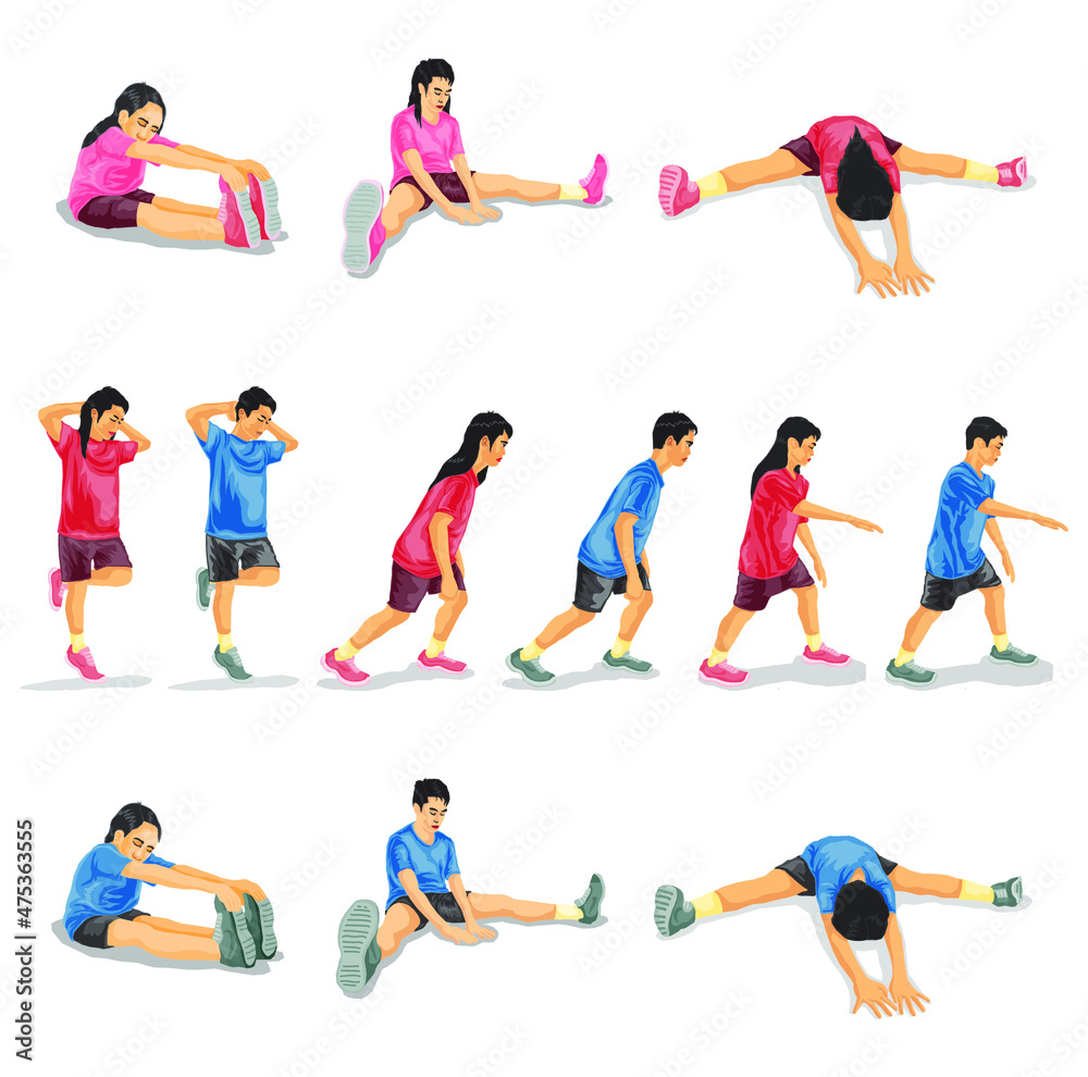man and woman in stretches and exercises. Vector illustration set Stock ...