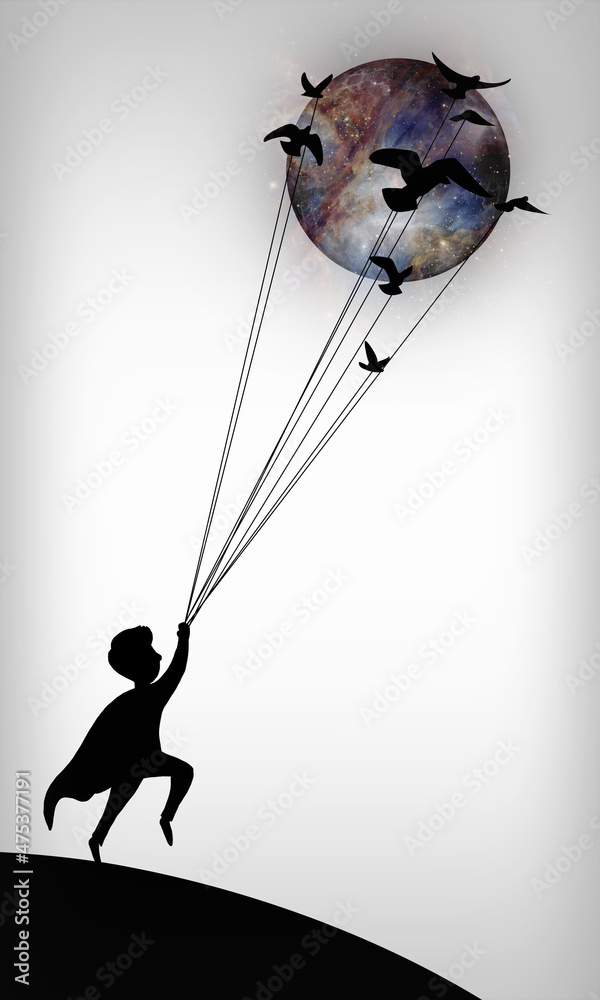 The Little Prince flying with birds silhouette art Stock Illustration ...