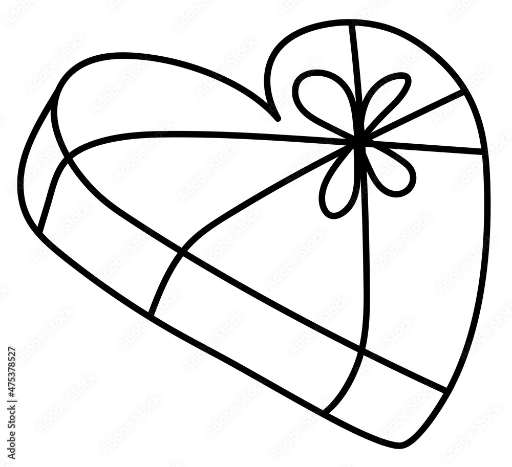 Hand drawn cartoon illustration of outline heart shaped gift box with ...