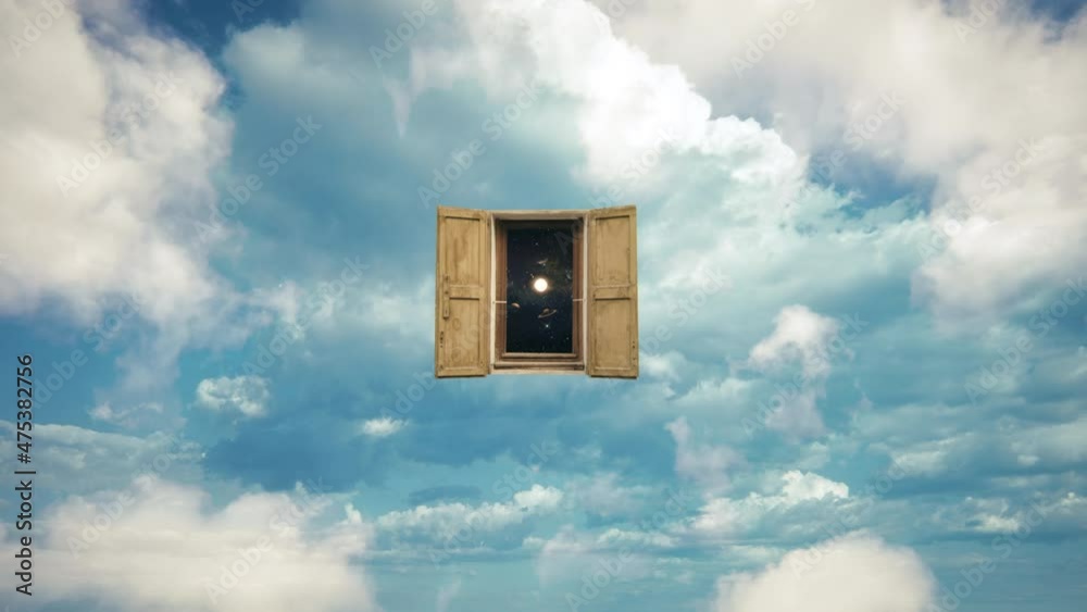 Window Open Cloudy Sky Shows Deep Space Planets. Window floating in ...
