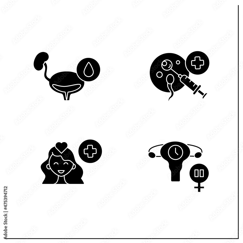Women health glyph icons set.Reproductive system diseases. Urinary ...