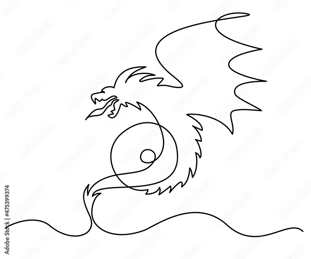 Monsters dragon flying. Magical legend creature. Continuous one line ...