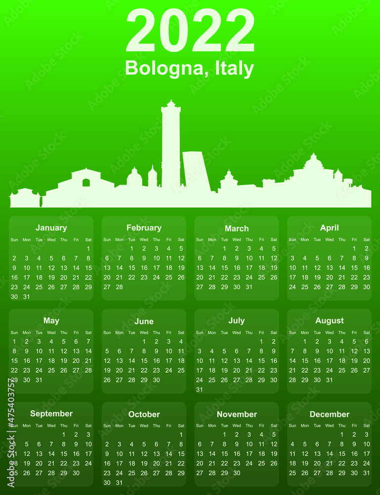 Green stylish 2022 year calendar with cityscape panorama of the city of ...