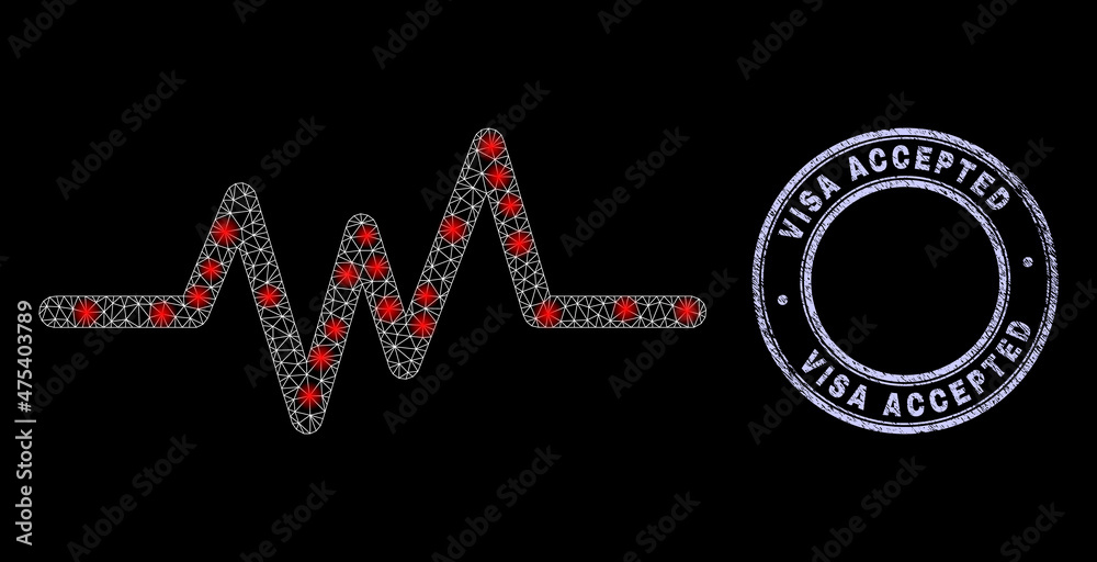 Illuminated polygonal net pulse signal icon with glow effect on a black ...