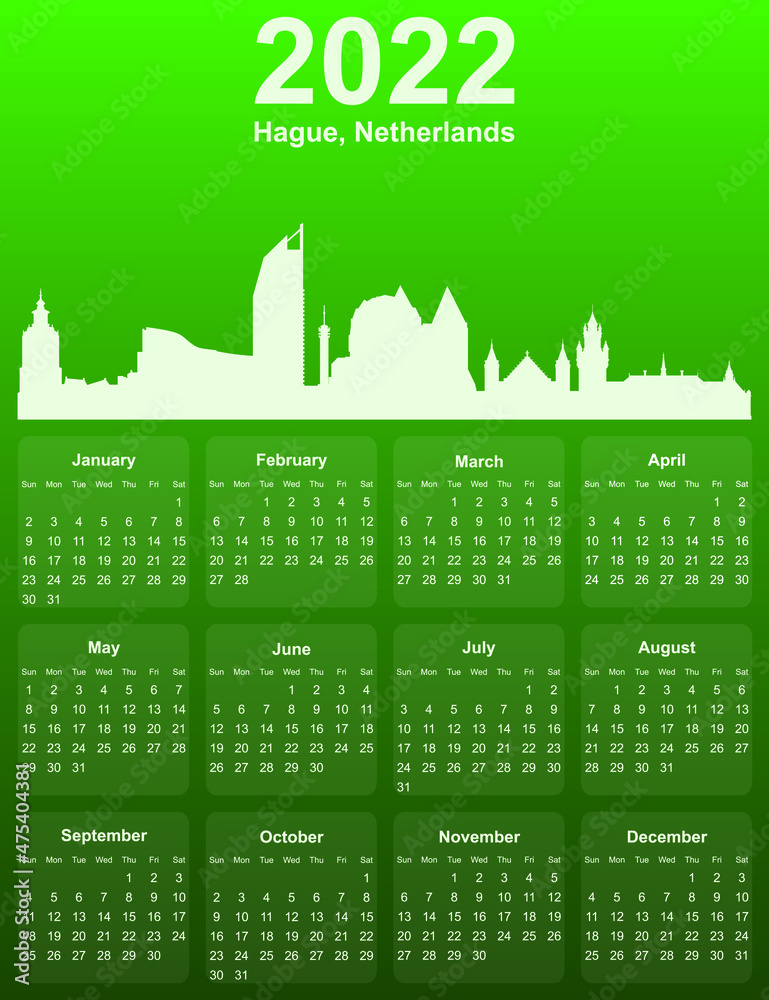 Green stylish 2022 year calendar with cityscape panorama of the city of ...