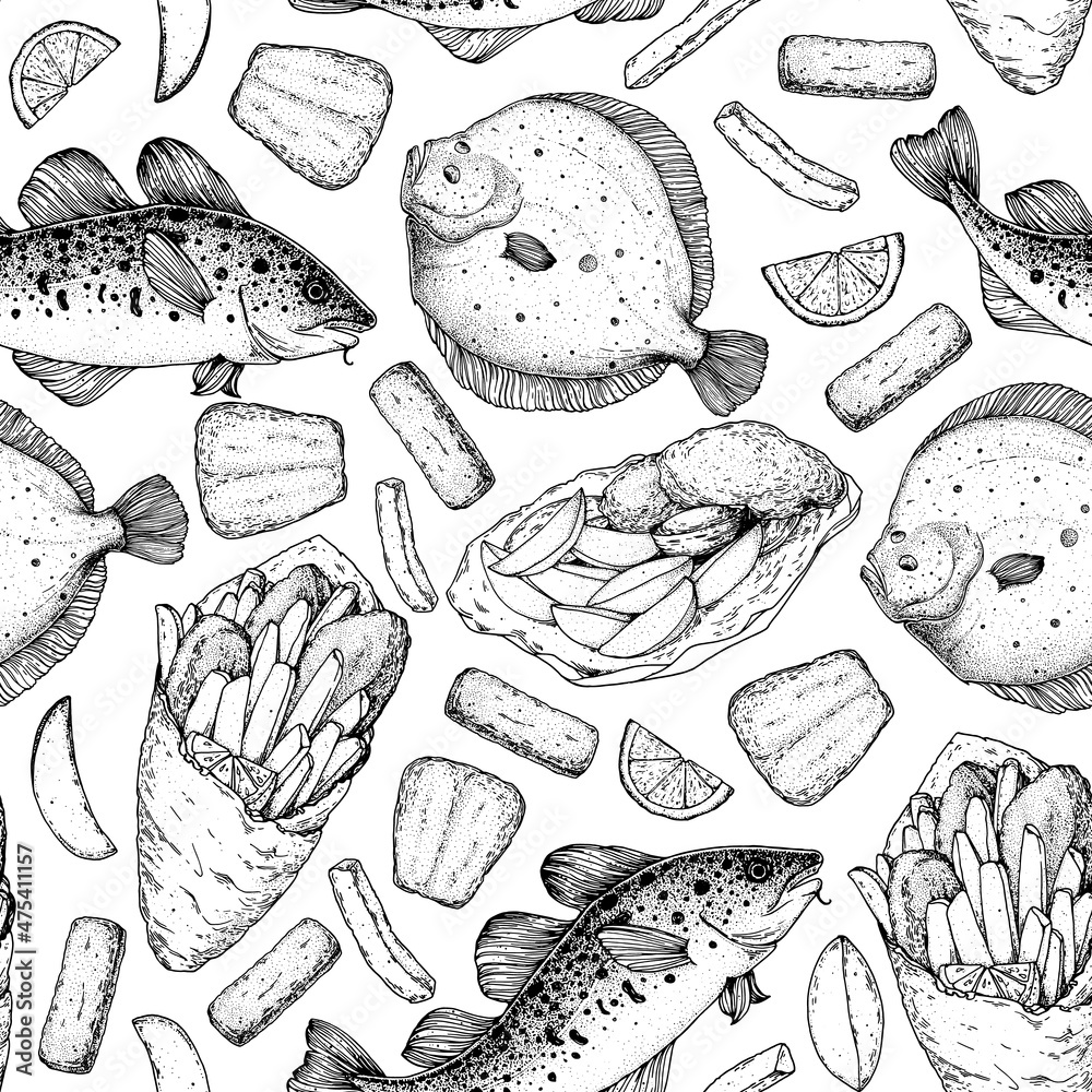 Fish and chips sketch seamless pattern. Vector illustration. British ...