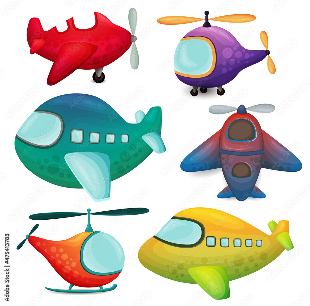 Airplane set. Cartoon set of different types of aircrafts. Helicopter ...