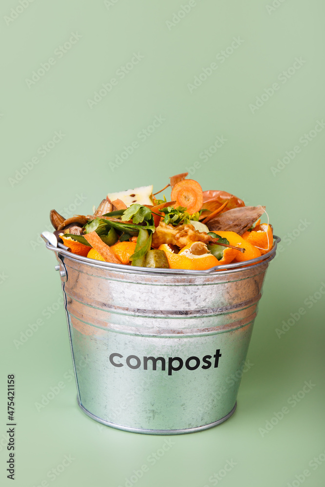 Sorted kitchen waste in compost-bucket on green background. Compost ...