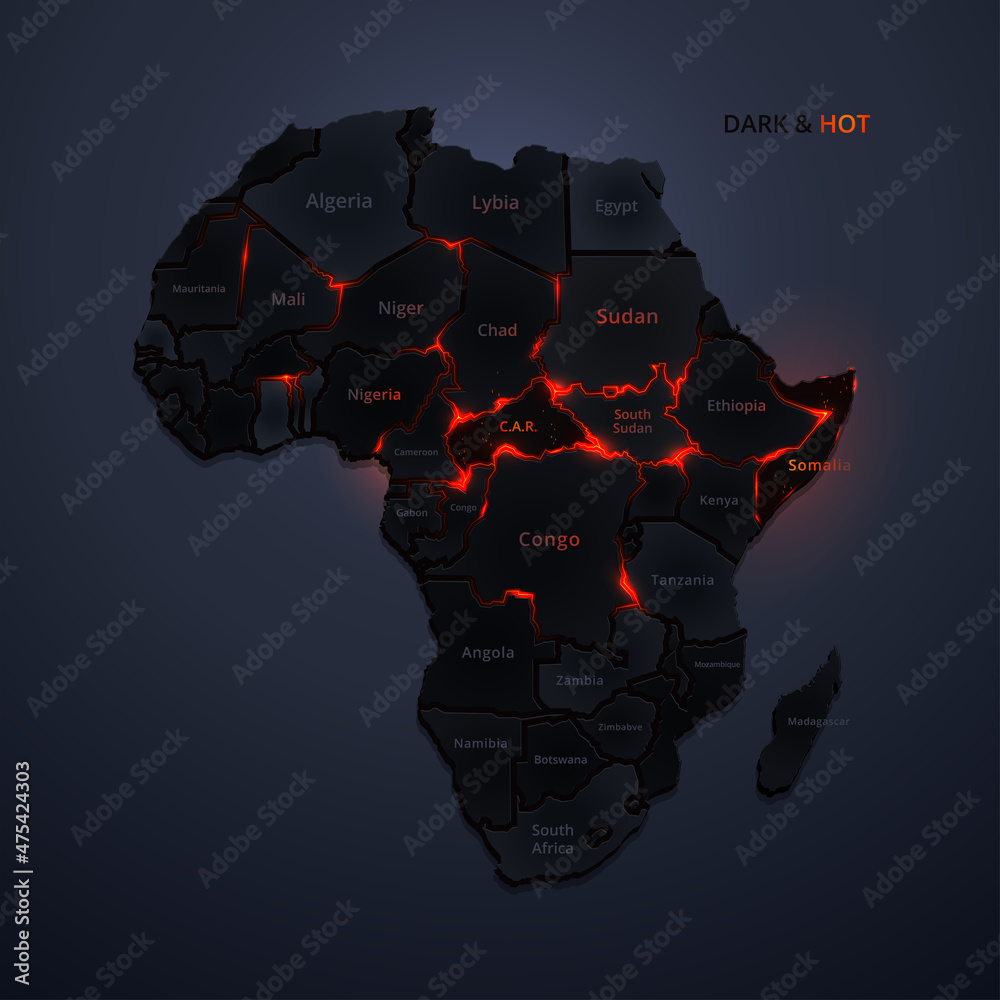 Africa risk map. Dark Continent in the form of charred volcanic surface ...