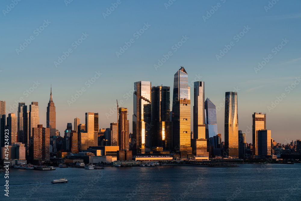 Aerial New York City skyline from New Jersey over the Hudson River with ...