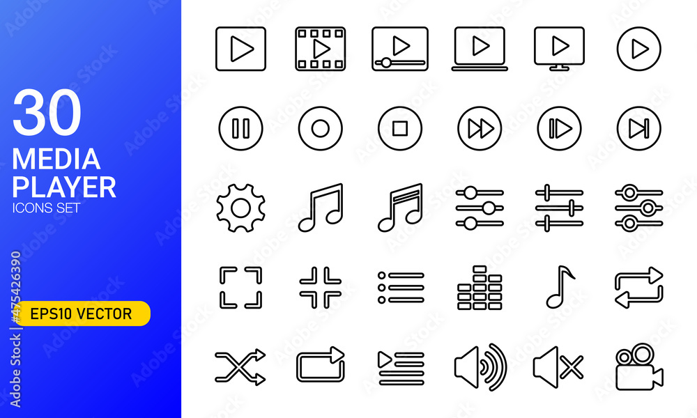 Set media player button icon in thin line. Player button, play, pause ...
