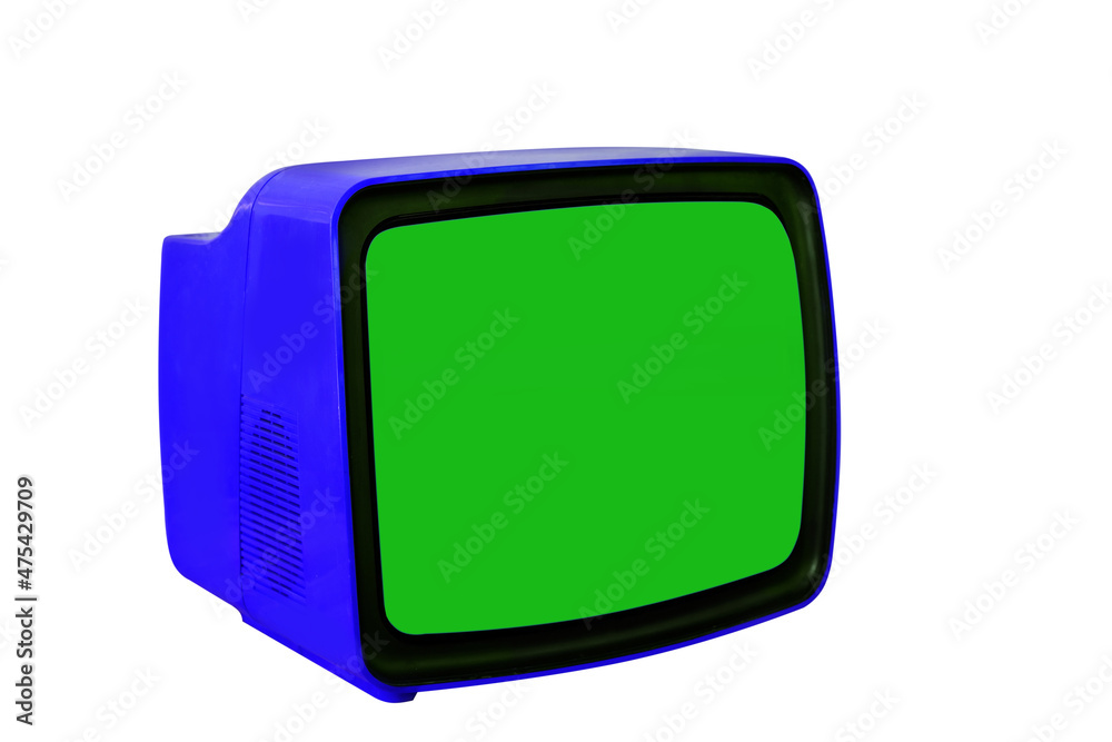 blue old tube retro TV ca. 1975 with blank green screen for designer ...