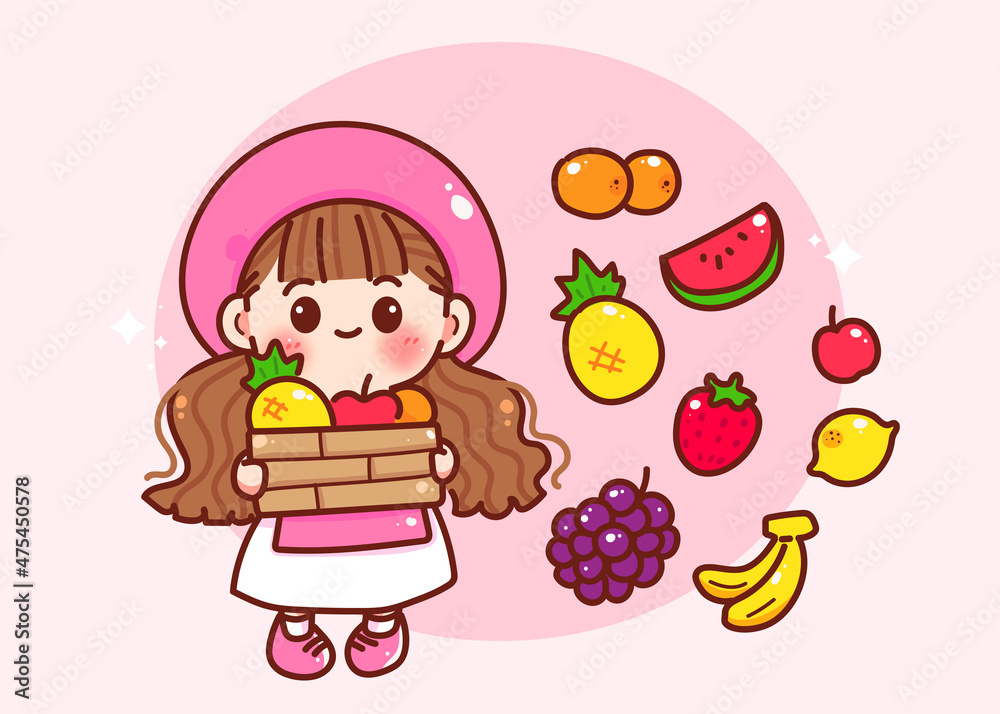 Cute girl holding fruit basket organic food nature harvest product logo ...