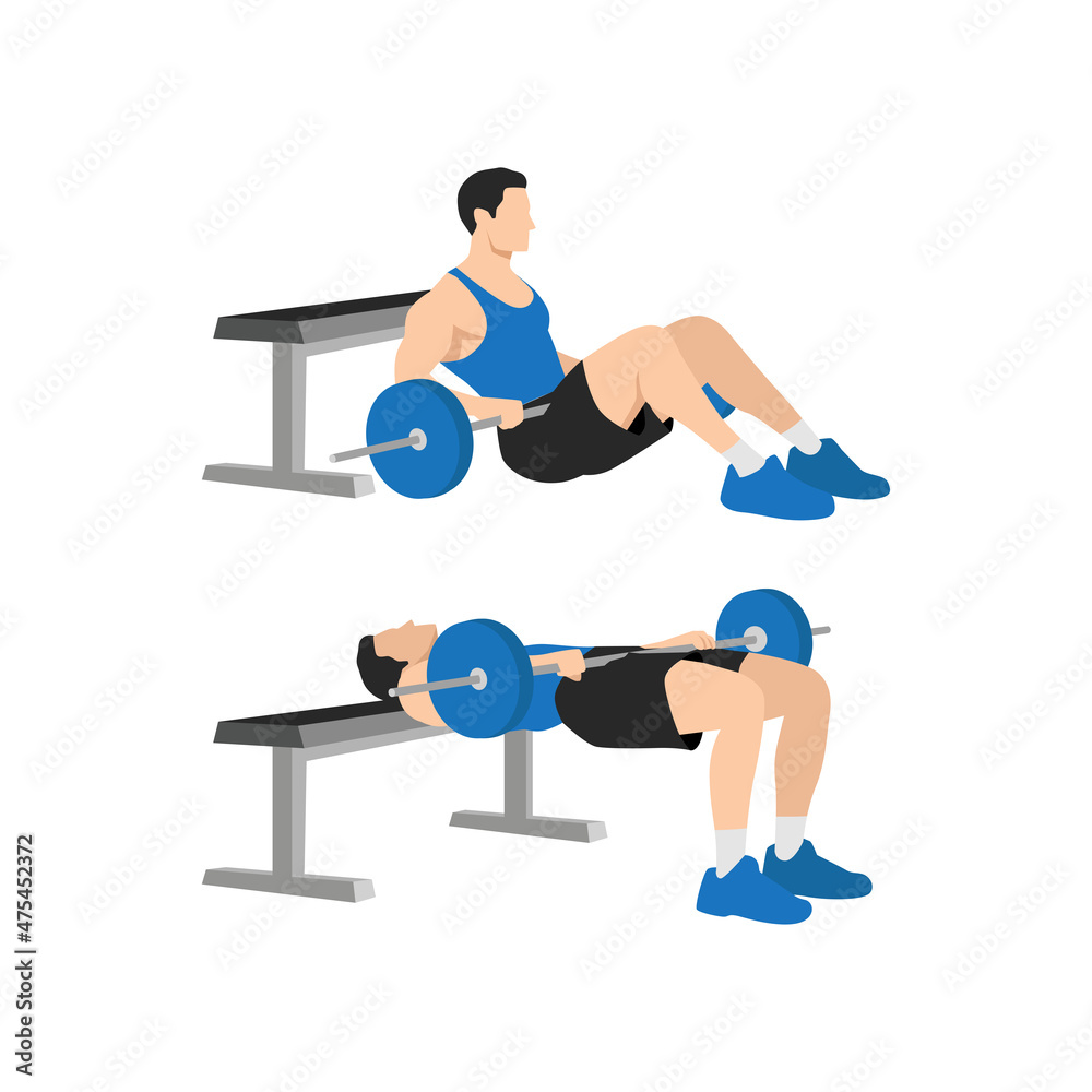 Man doing Barbell hip thrusts exercise. Flat vector illustration ...