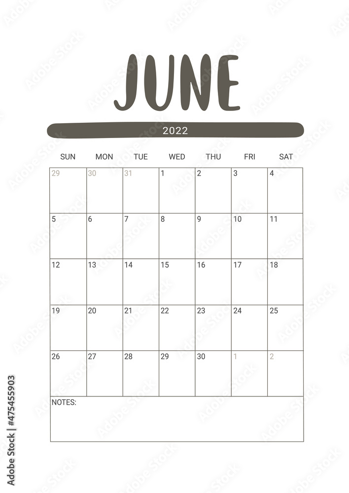 Vector Calendar for June 2022. Week Starts Sunday. Stationery Design ...