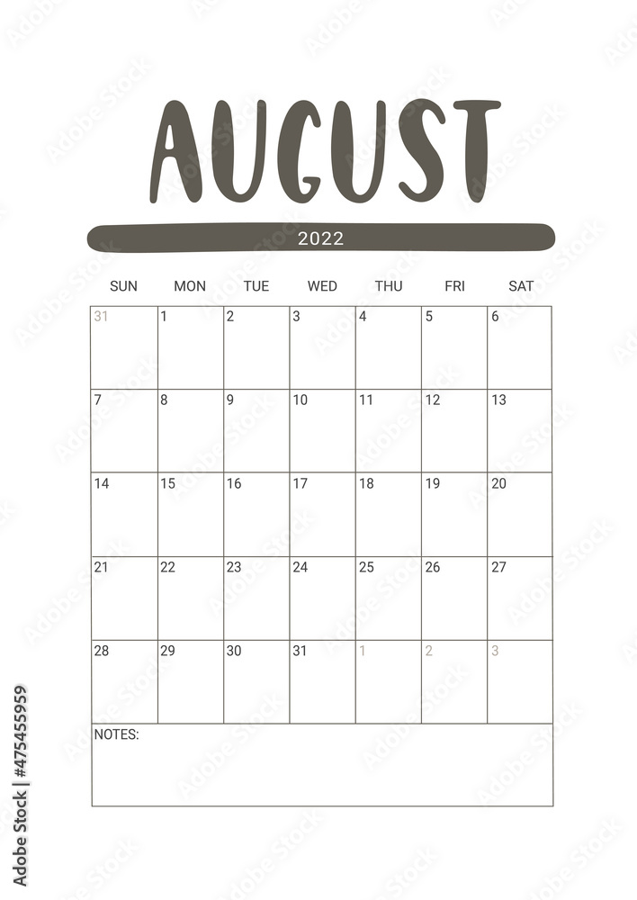 Vector Calendar for August 2022. Week Starts Sunday. Stationery Design ...