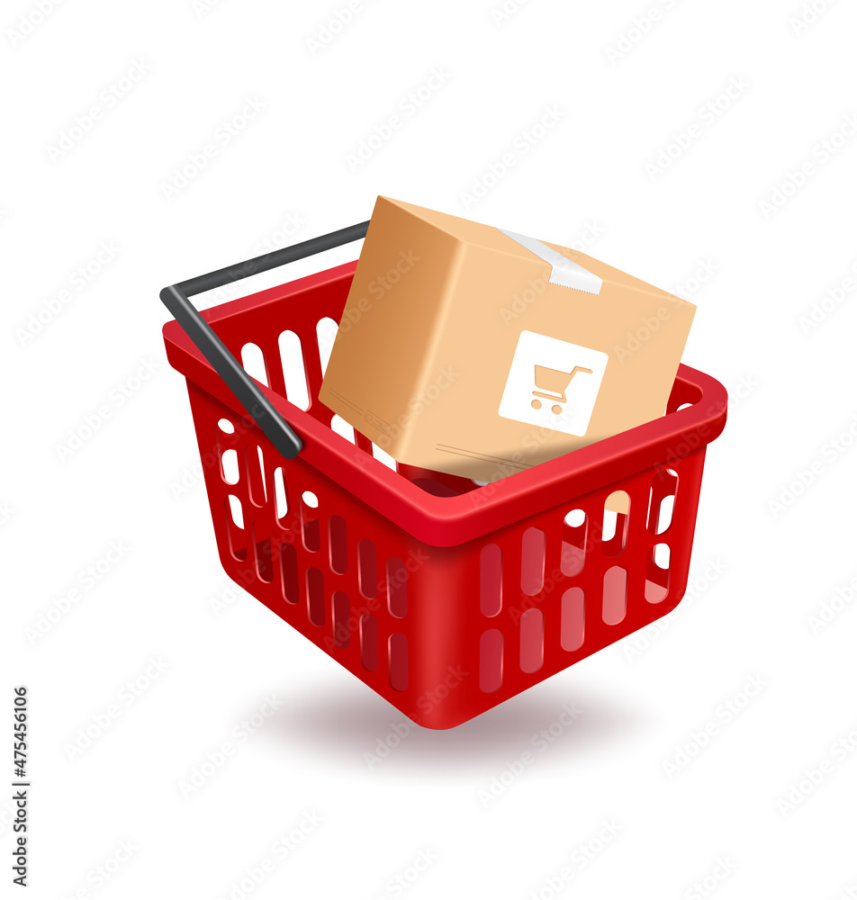 parcel box in red basket and all object on white background for ...