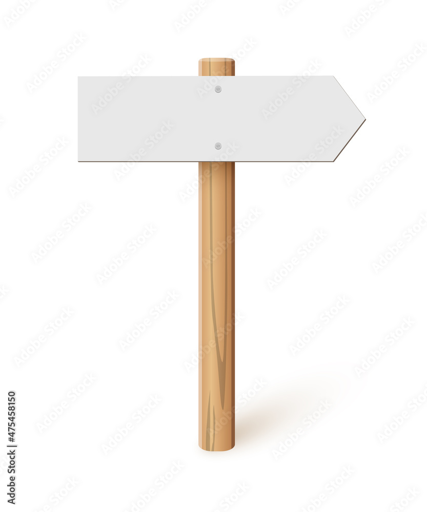 Signpost with blank direction sign on road. Wooden stick with white ...