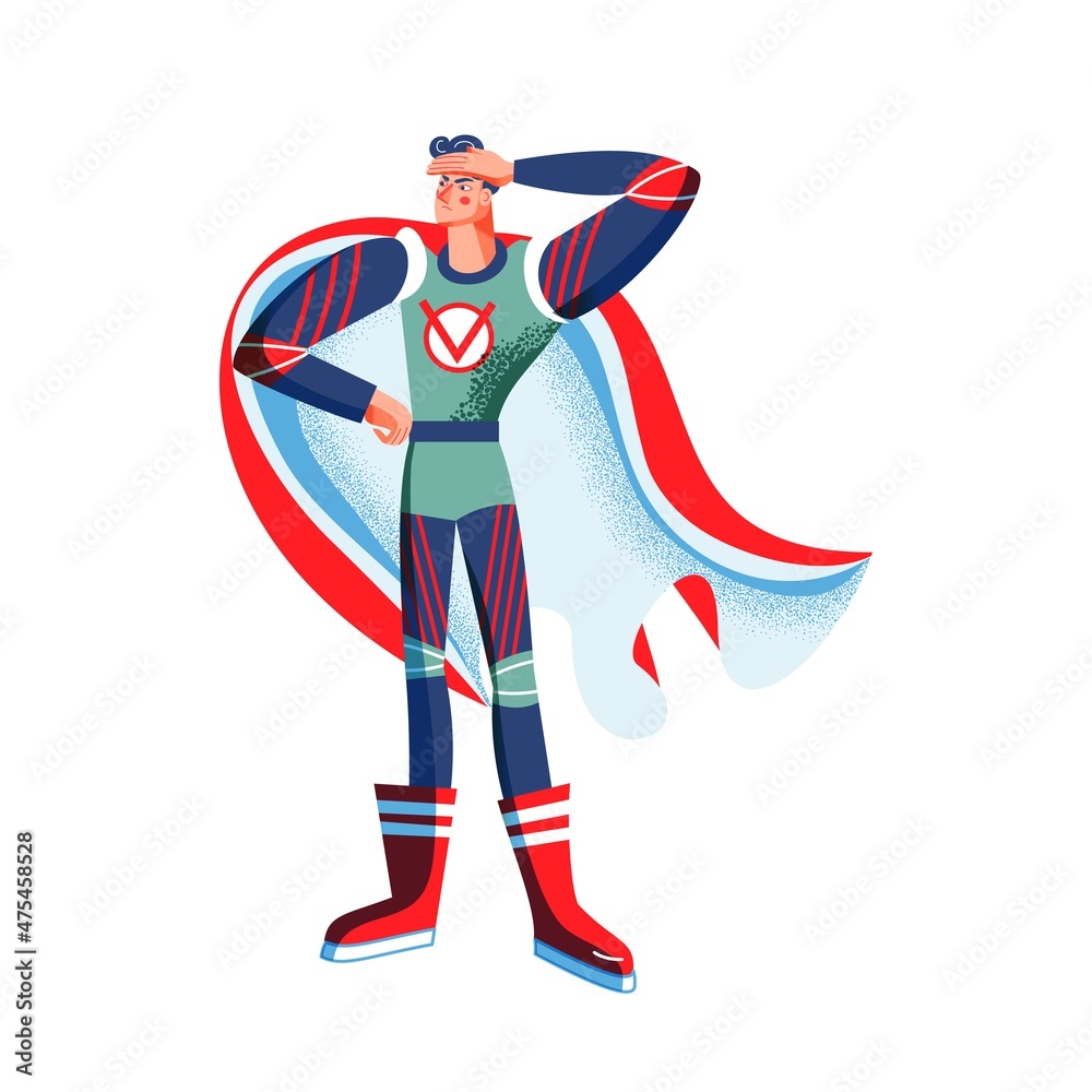 Male superhero in costume thinking. Superboy with cape vector ...