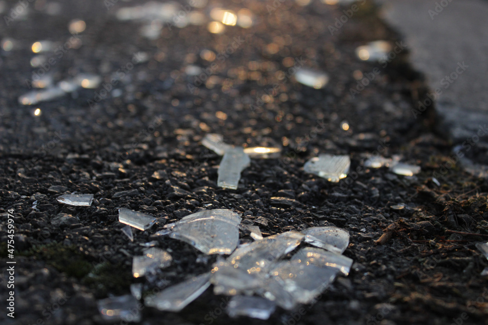 Pieces of broken glass on the road after the accident Stock Photo ...