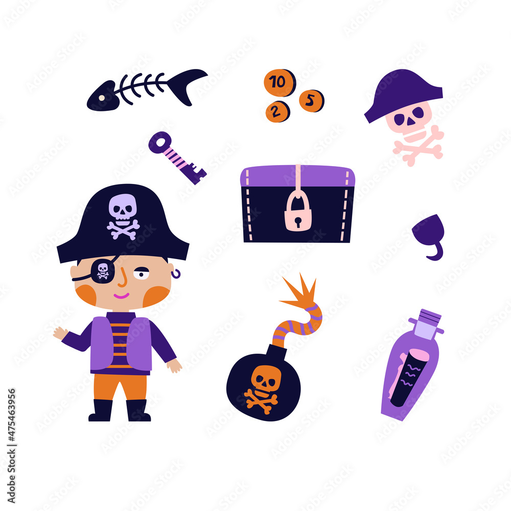 Vector illustration of a set with a little pirate and pirate things ...