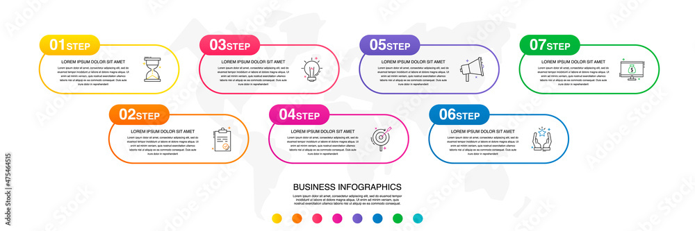 Vector 7 step line infographic labels with icons and squares. Modern ...