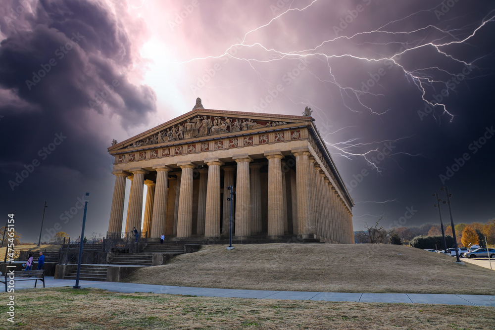 The Parthenon in Centennial Park with tall brown stone pillars around ...