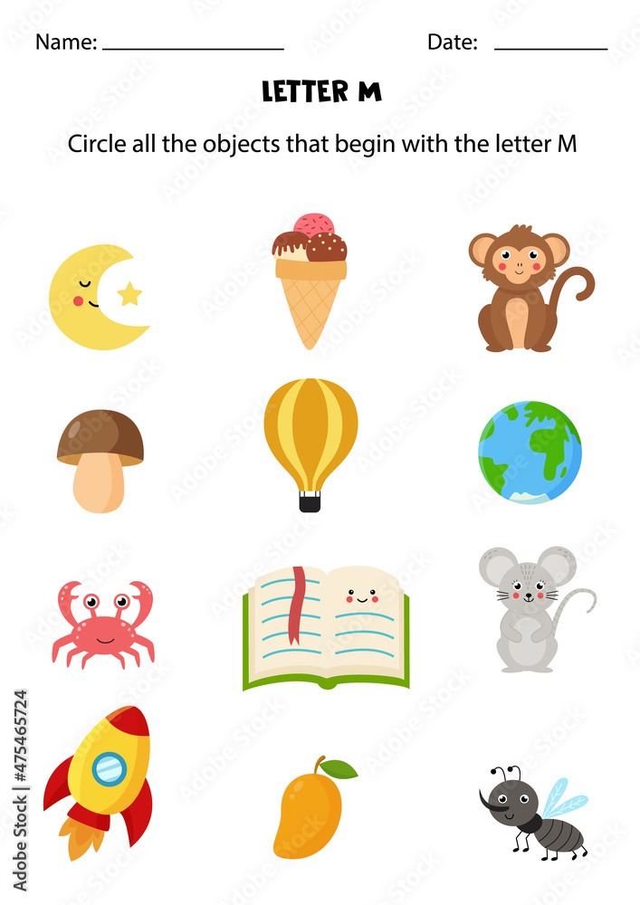Letter recognition for kids. Circle all objects that start with M ...