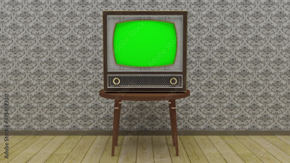 Animated OLD TV Rotating with Glitch and Green screen Turning ON and ...